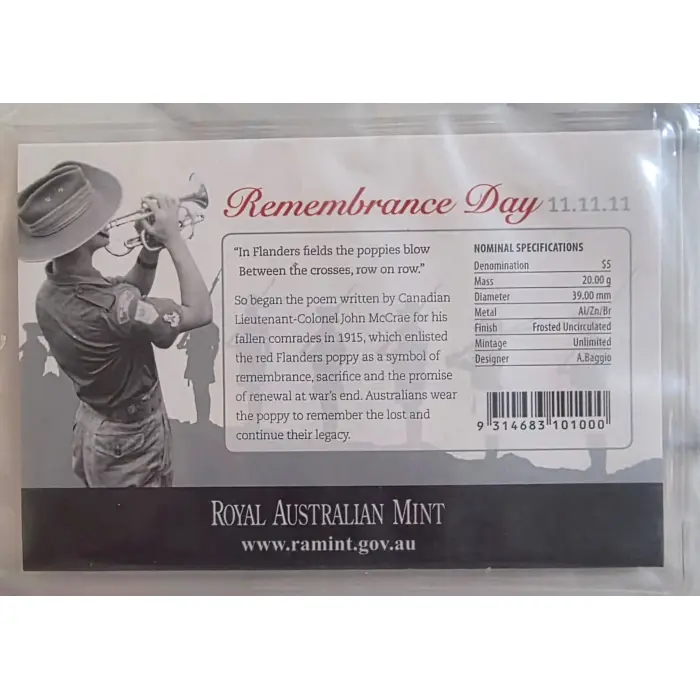 2011 $5 Remembrance Day Coin (11.11.11) – Royal Australian Mint – Sealed in